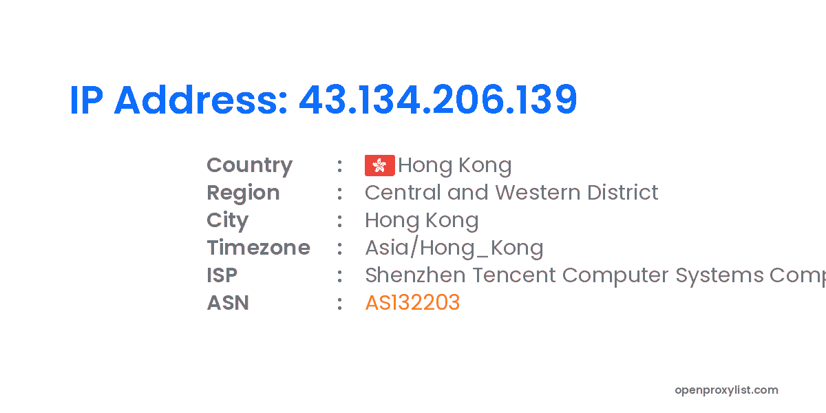 Open Proxy List - Proxy 43.134.206.139 Information