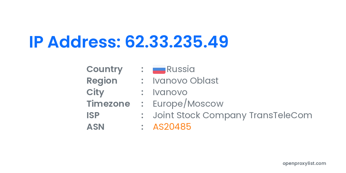 Open Proxy List - Proxy 62.33.235.49 Information Open Proxy List - Proxy 62.33.235.49 Information