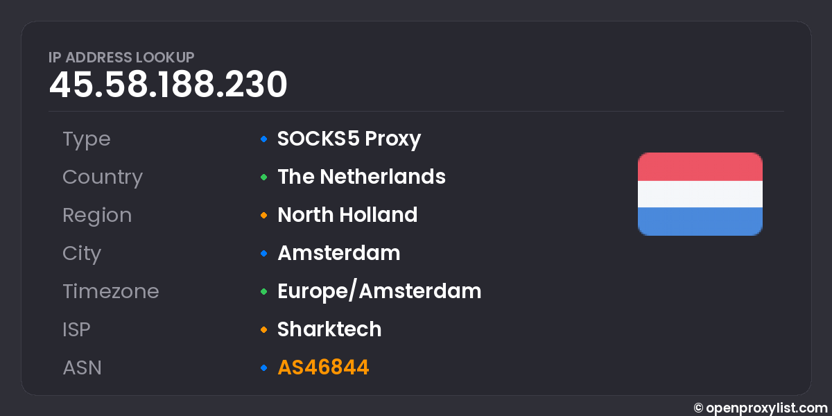 Open Proxy List — SOCKS5 Proxy Server The Netherlands #22712003